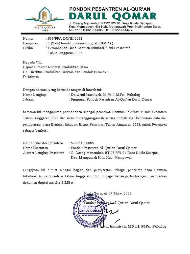 Surat Permohonan Inkubasi | PDF