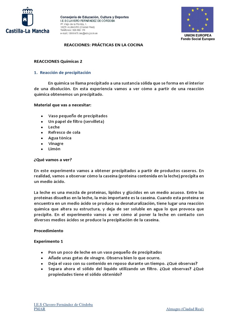 PR Cticas Reacciones Cocina 2 | PDF | Bicarbonato de sodio | Agua