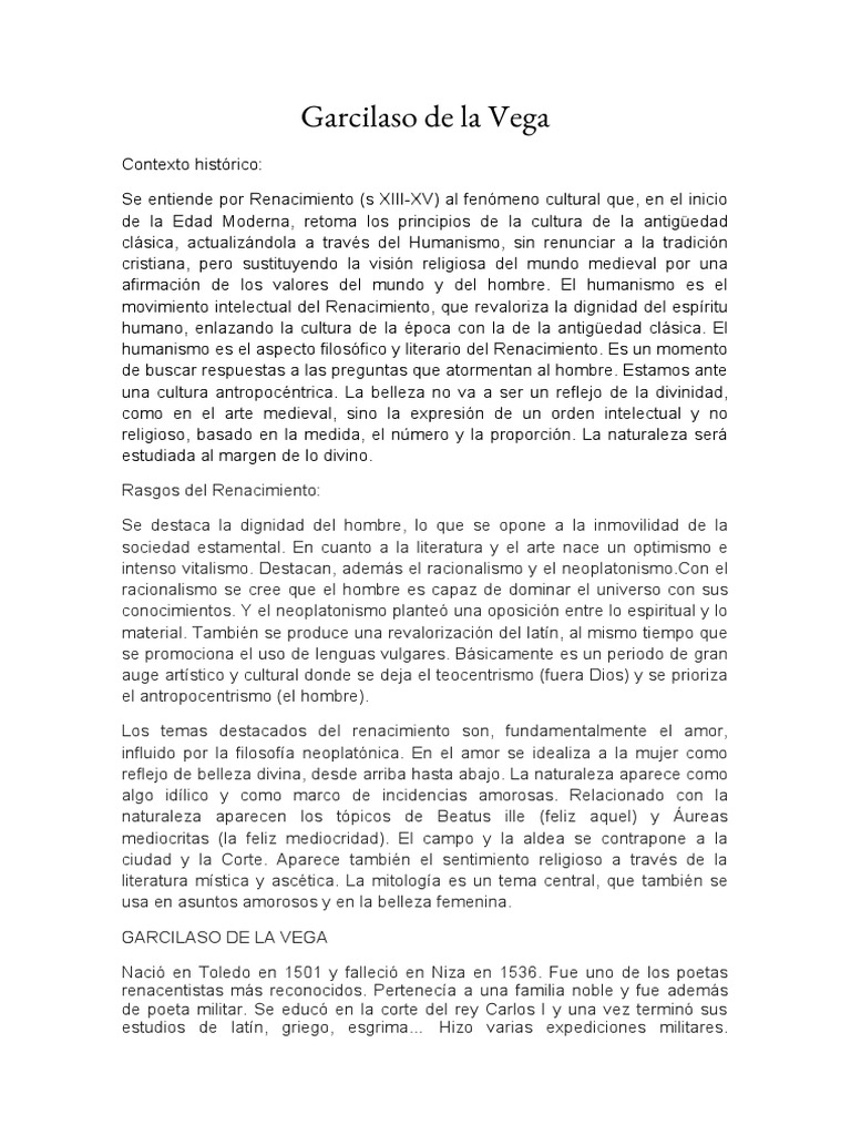 Garcilaso de La Vega, Contexto, Églogas y Analisis Del Soneto Xiii | PDF