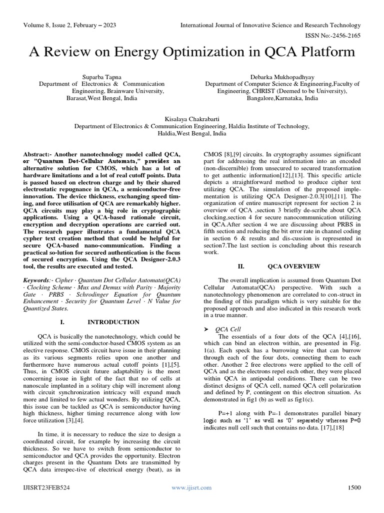 A Review On Energy Optimization in QCA Platform | PDF | Encryption | Cryptography