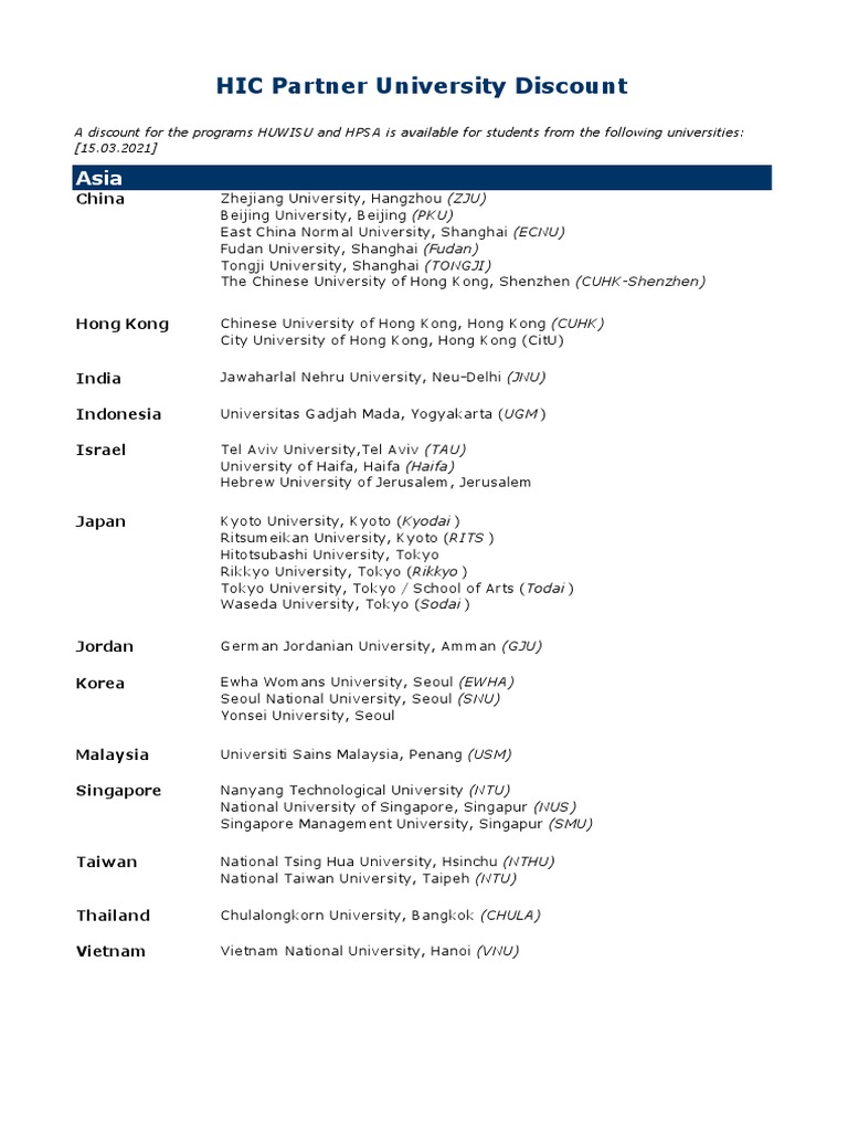 HIC Partner University Discount | PDF | Educational Institutions ...