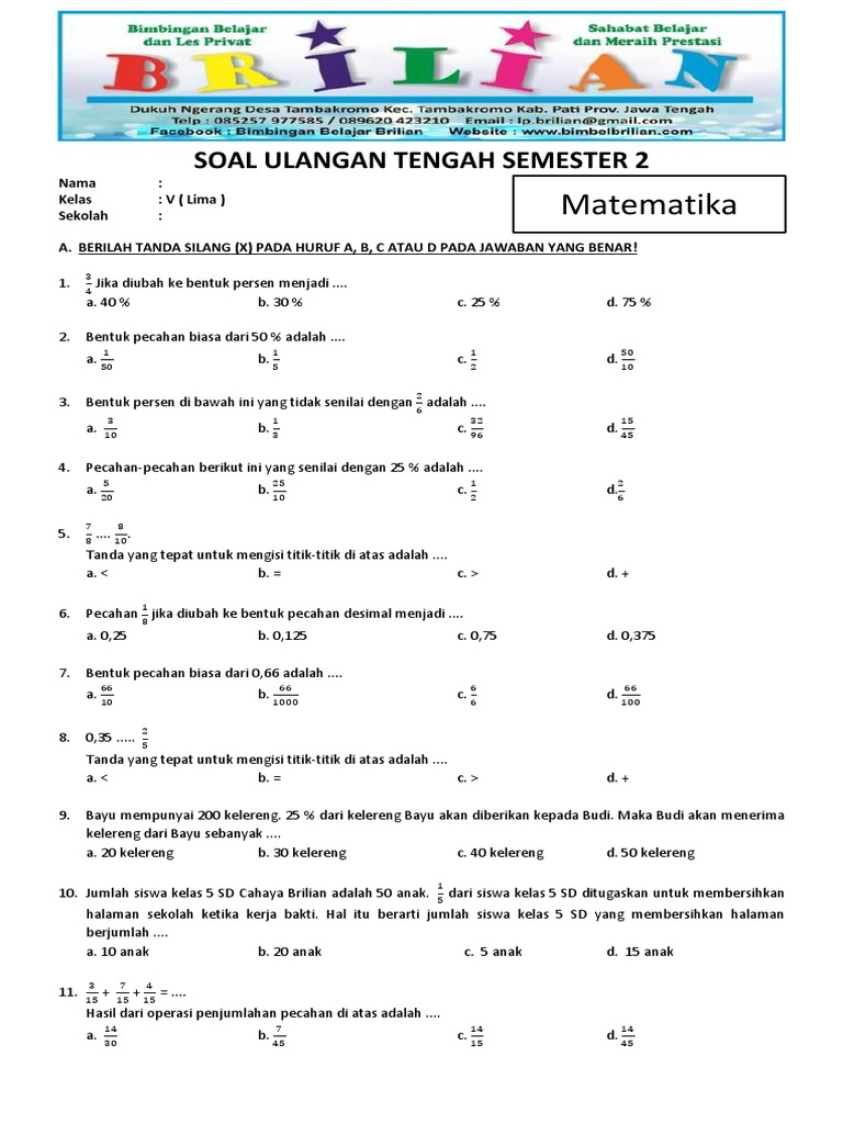 Soal UTS Matematika Kelas 5 SD Semester 2 (Genap) Dan Kunci Jawaban | PDF