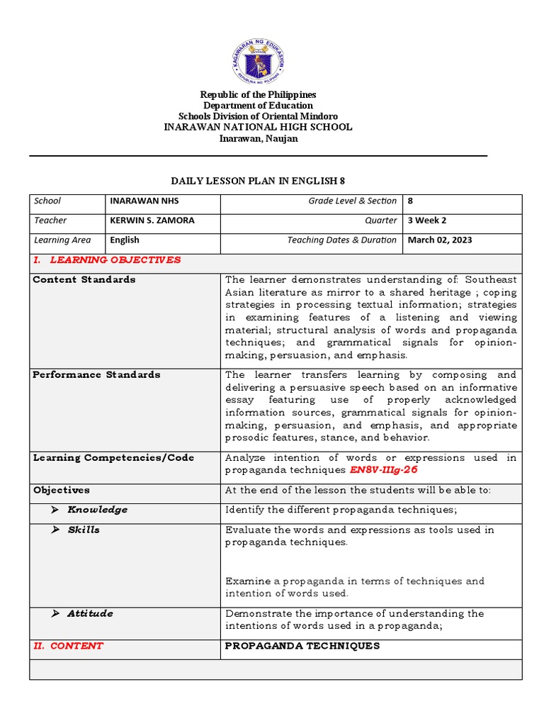 Grade 8 Lesson Plan: Propaganda Techniques | PDF | Propaganda | Learning
