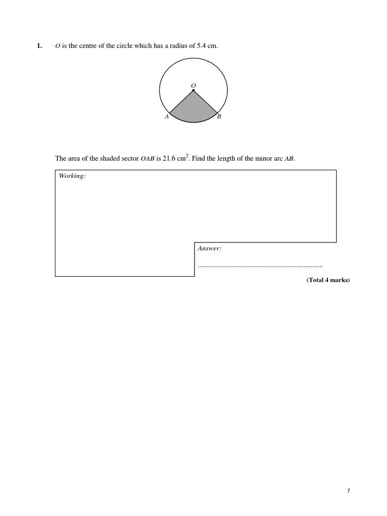 Arc Length and Sector Area Problems | PDF | Circle | Area