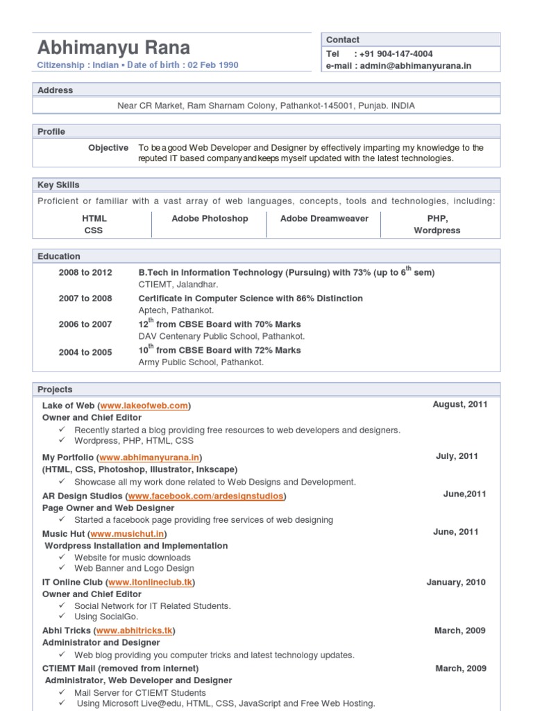 Abhimanyu Rana Resume | PDF | Web Design | Word Press