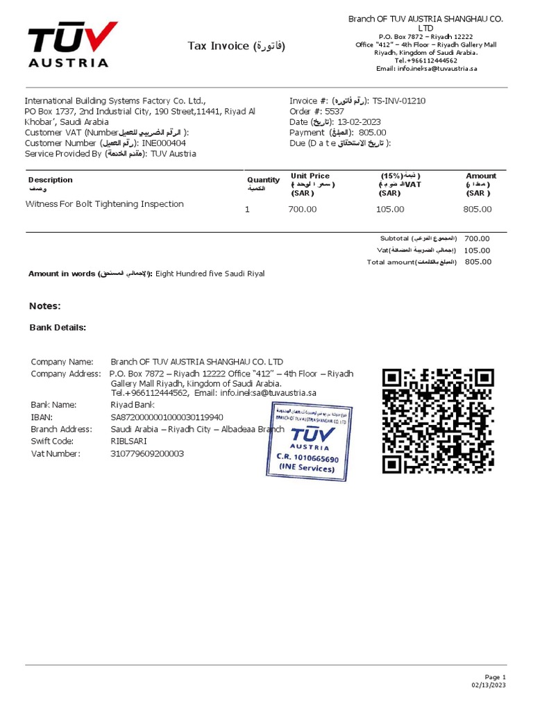 Invoice TUV Third Party Inspector | PDF