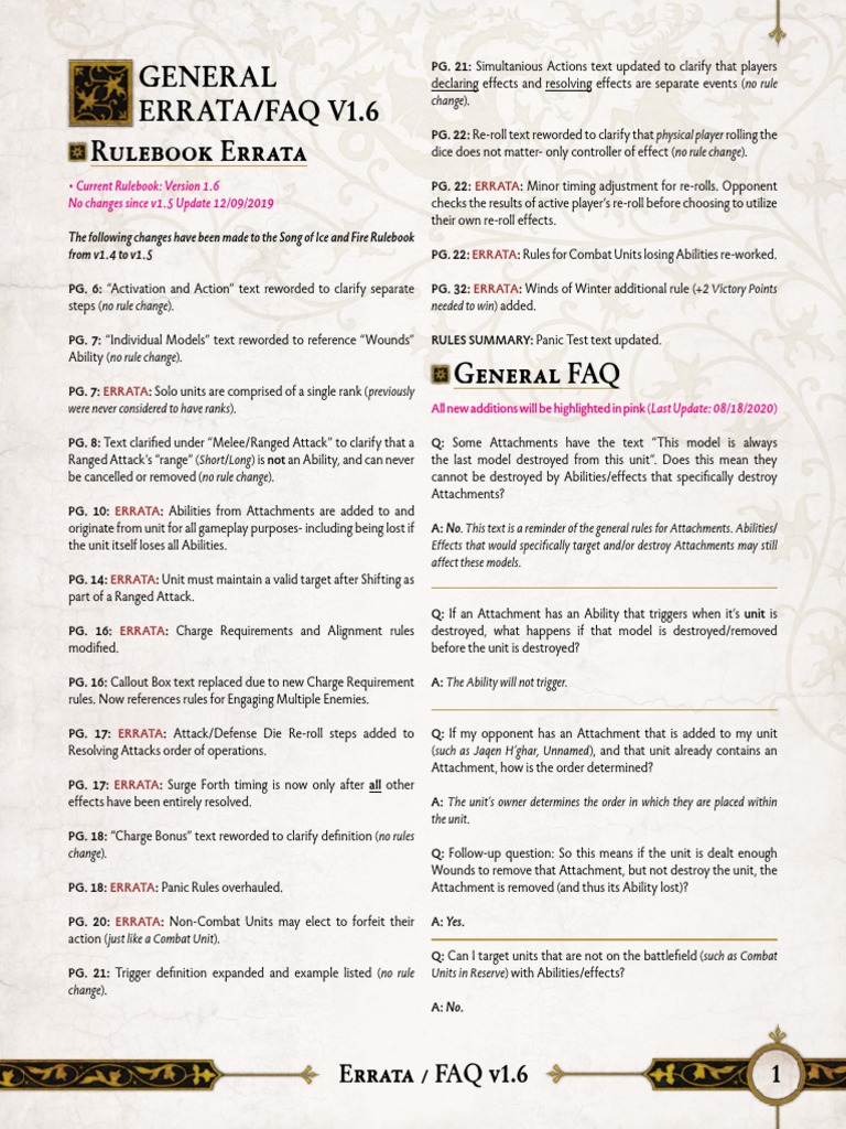 Rulebook Errata and Frequently Asked Questions for Song of Ice and Fire: The Miniatures Game ...