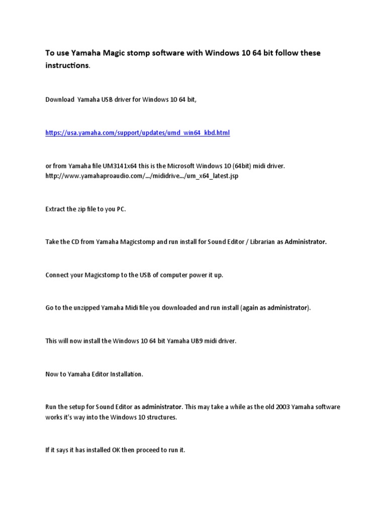 To Use Yamaha Magic Stomp Software With Windows 10 64 Bit Follow These ...