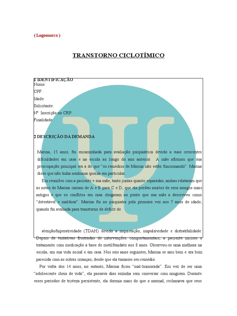 Transtorno Ciclotímico | PDF | Transtorno de déficit de atenção e ...