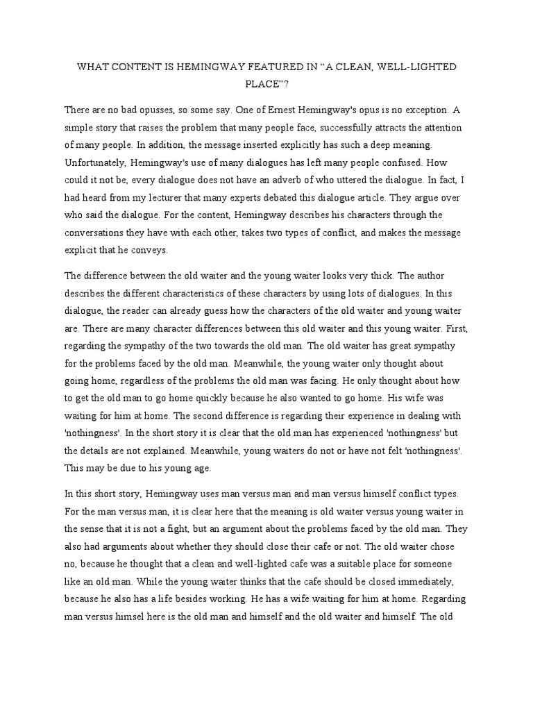 Hemingway's "A Clean, Well-Lighted Place" Analysis | PDF | Experience ...