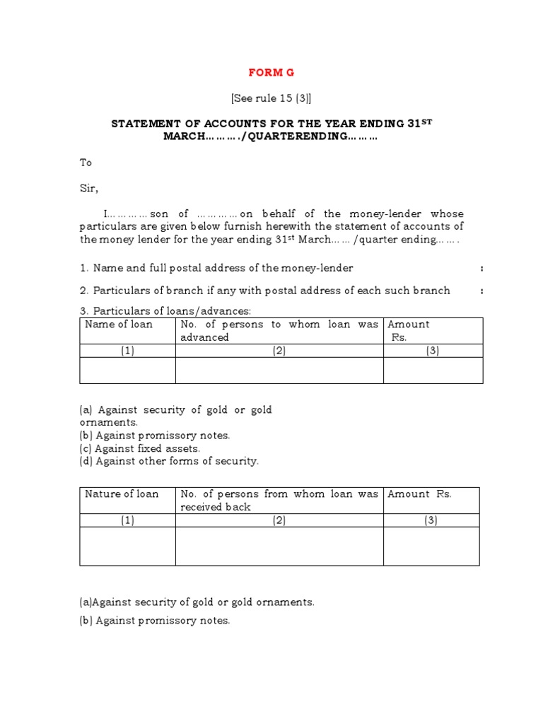 Form G Money Lender Annual Statement | PDF | Deposit Account | Loans