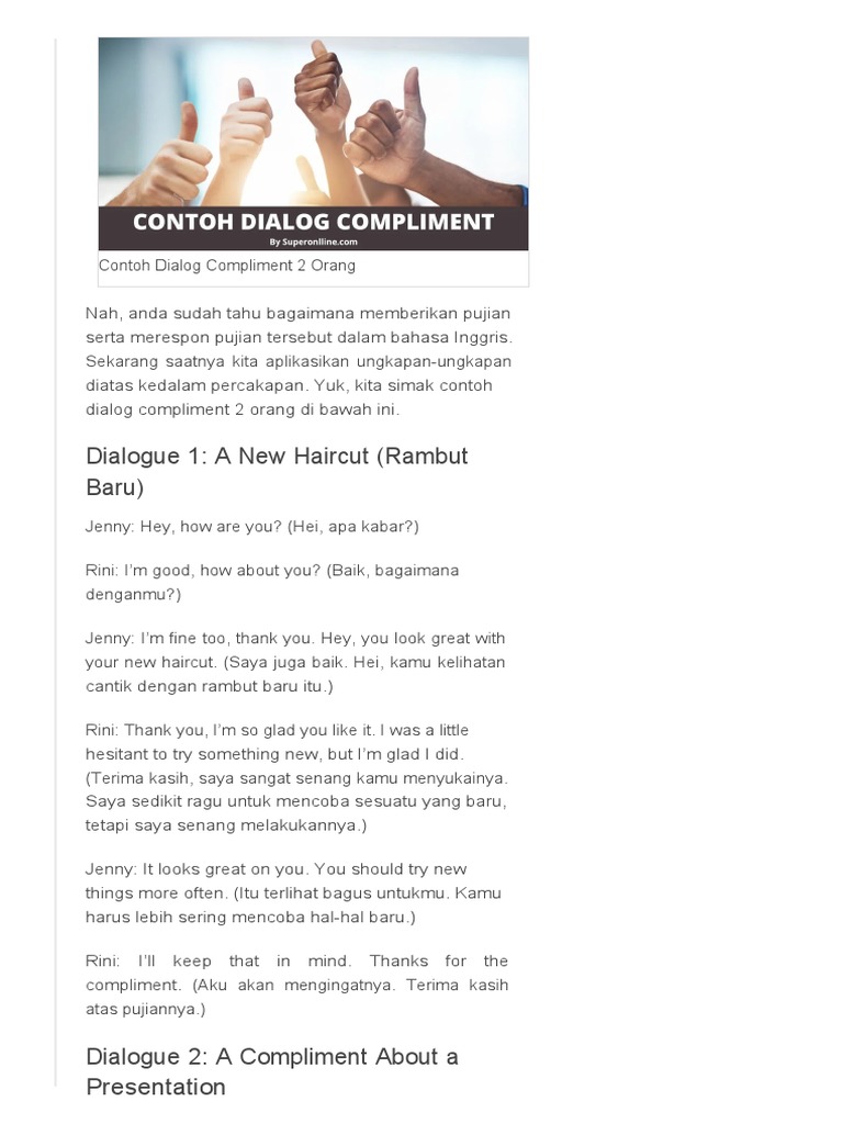 10 Contoh Dialog Compliment 2 Orang Singkat Beserta Artinya | PDF