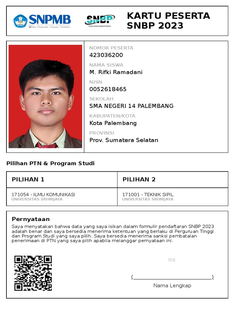 Kartu Peserta SNBP 2023 | PDF