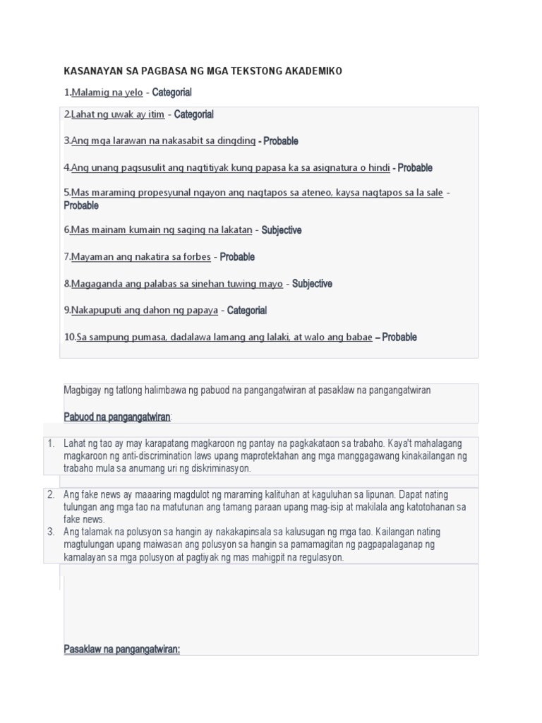 Kasanayan Sa Pagbasa NG Mga Tekstong Akademiko | PDF
