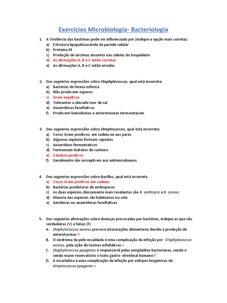 Exercícios Microbiologia - Bacterologia | PDF | Estafilococo | Bactérias