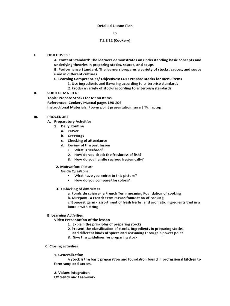Lesson Plan: Preparing Stocks in Cookery | PDF | Stock (Food) | Foods