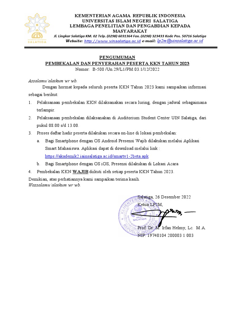 Pengumuman Pembekalan KKN 2023 | PDF