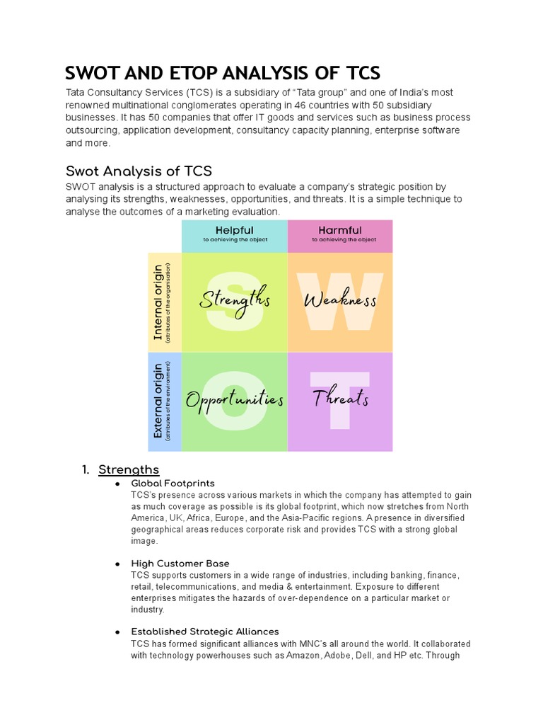 Swot and Etop Analysis of TCS | PDF | Multinational Corporation | Swot ...