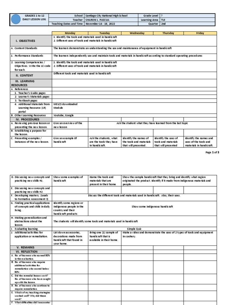 DLL 2 Handicraft | PDF | Learning | Teaching
