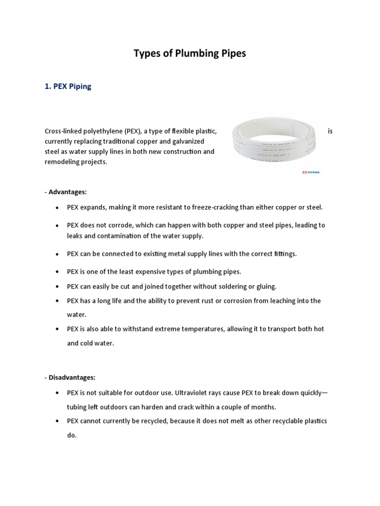 Types of Plumbing Pipes | PDF | Plumbing | Pipe (Fluid Conveyance)