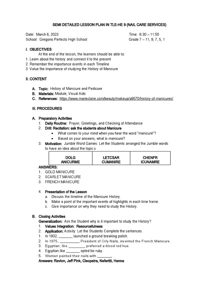 Lesson Plan History of Manicure | PDF | Lesson Plan | Education Theory