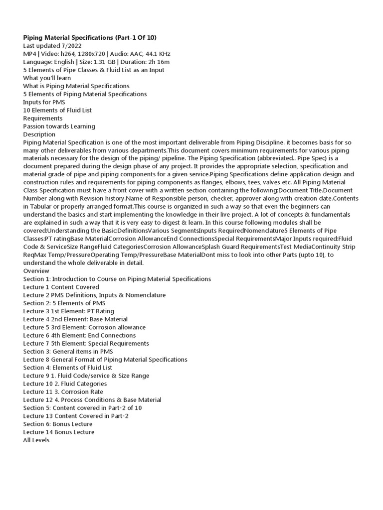 Piping Material Specifications Overview | PDF | Pipe (Fluid Conveyance ...