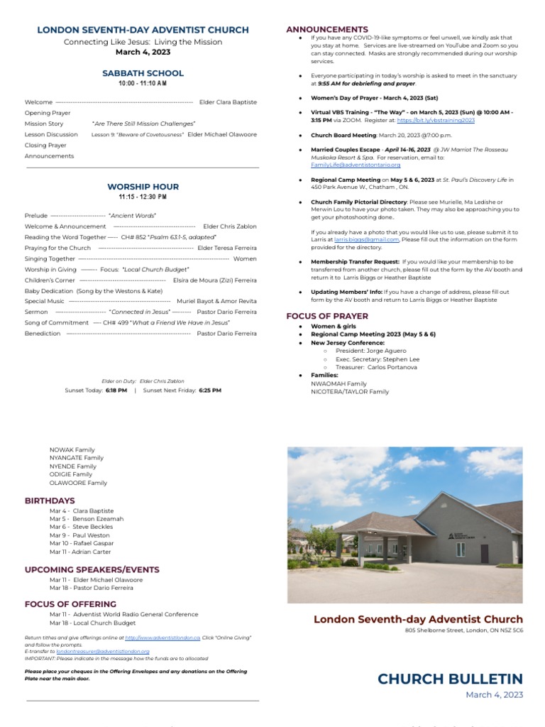London SDA Church Bulletin - Mar 4, 2023 | PDF | Seventh Day Adventist ...