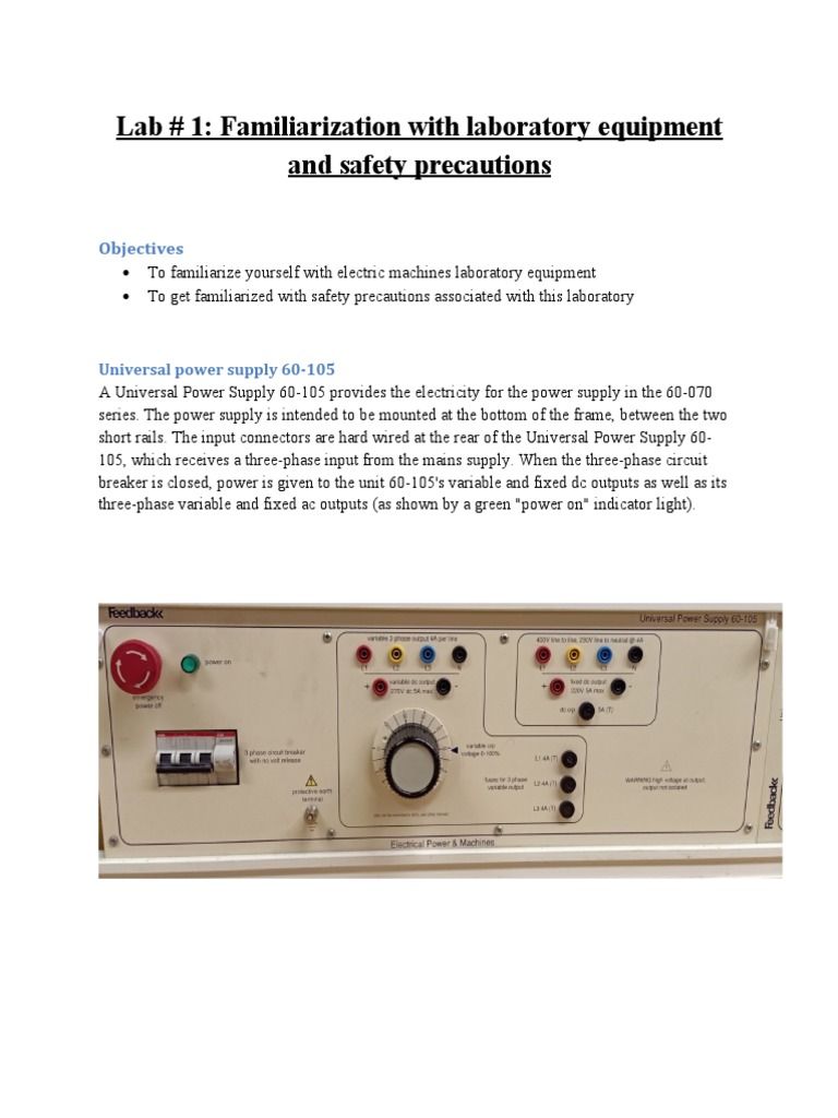 Lab Safety and Equipment Familiarization | PDF | Transformer | Power Supply