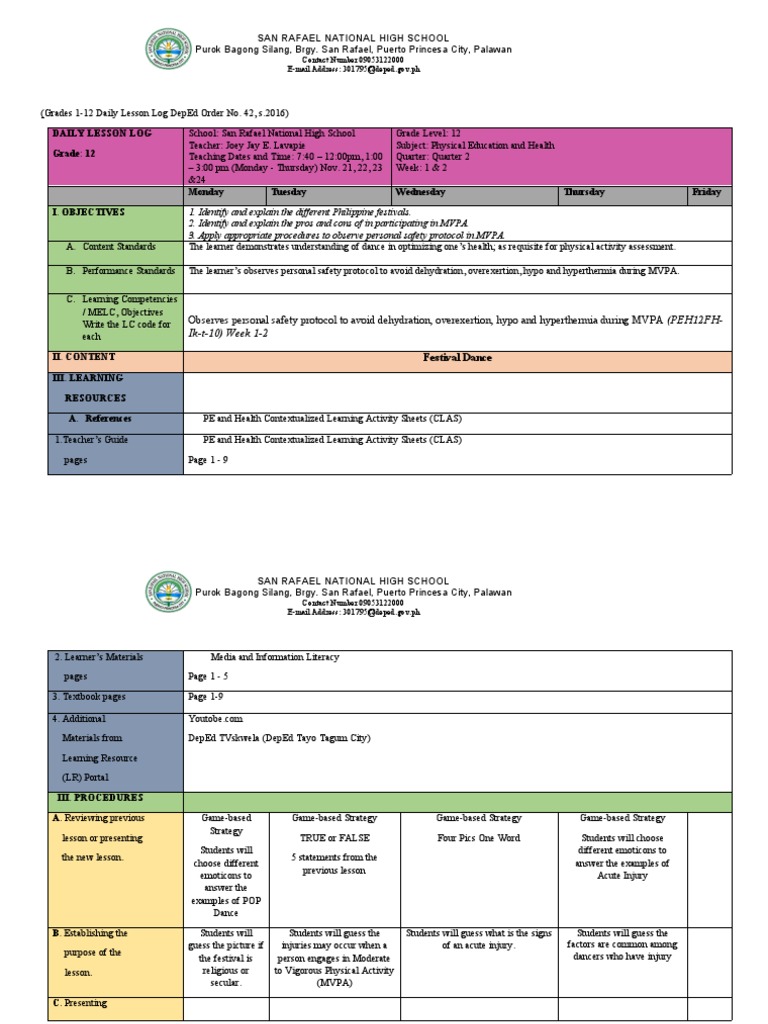 DLL Physical Education and Health (Week 1&2) Quarter 2 | PDF | Learning ...