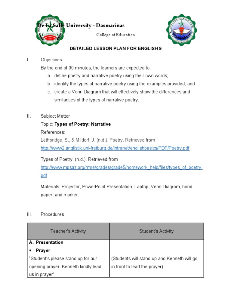 Narrative Poetry Lesson Plan for Grade 9 | PDF | Poetry | Narrative