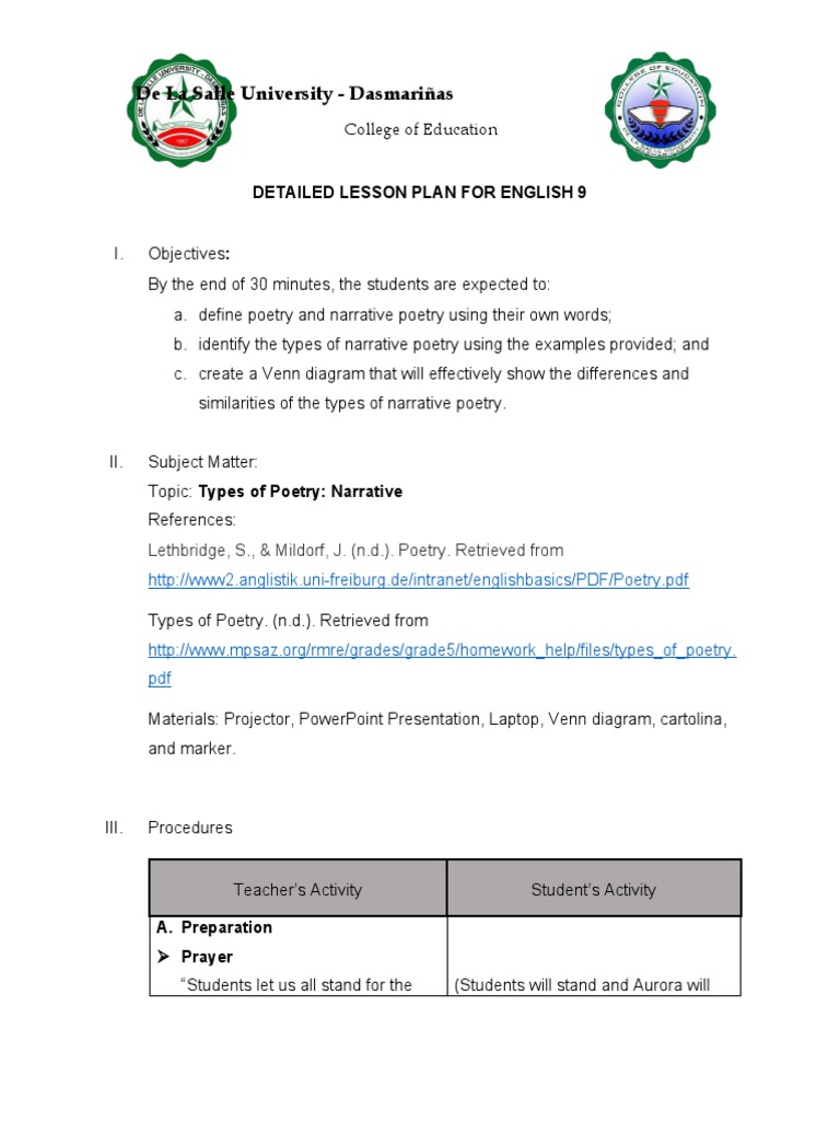 Detailed Lesson Plan | PDF | Poetry | The Raven