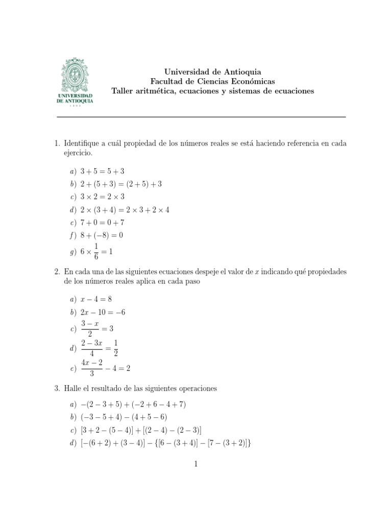 Taller Operaciones Básicas y Ecuaciones | PDF | Ecuaciones | Matemáticas
