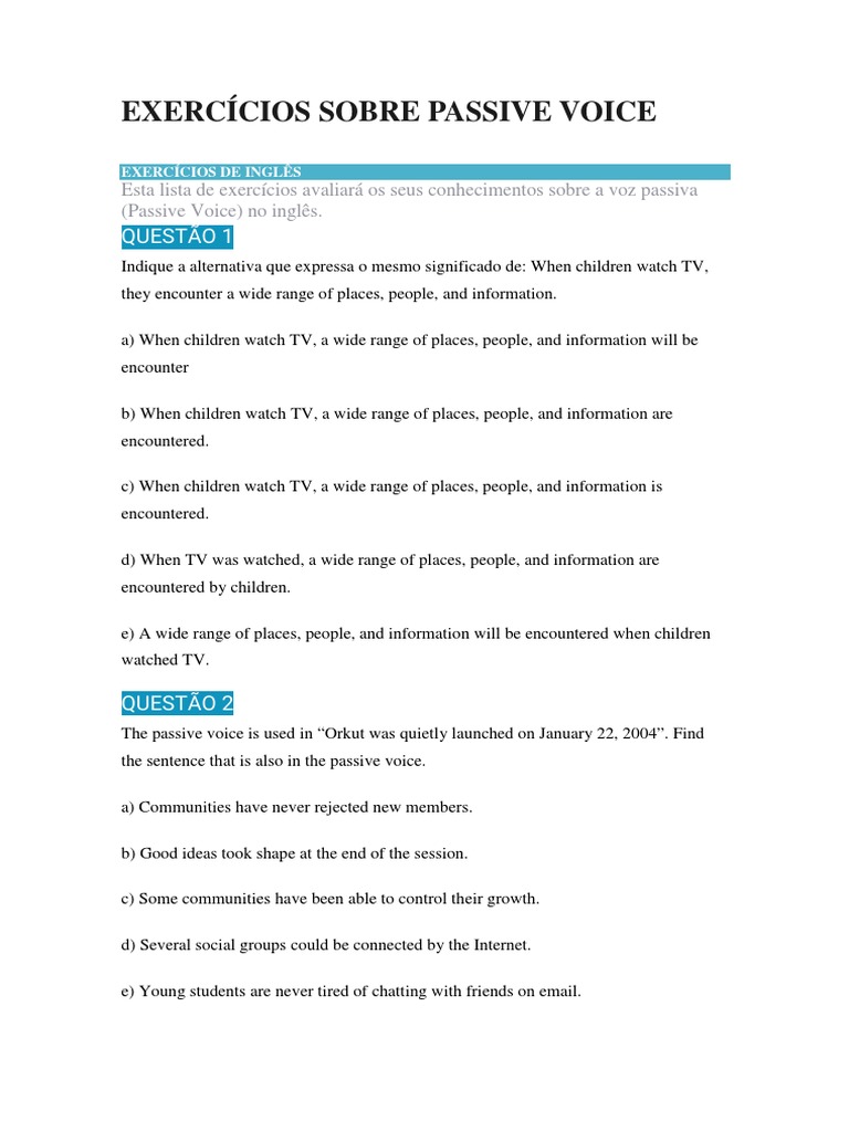 3Âº Ano 2o EXERCÃ CIO SOBRE PASSIVE VOICE | PDF
