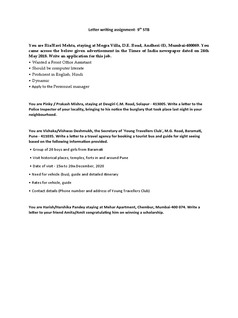 Letter Writing Assignment | PDF