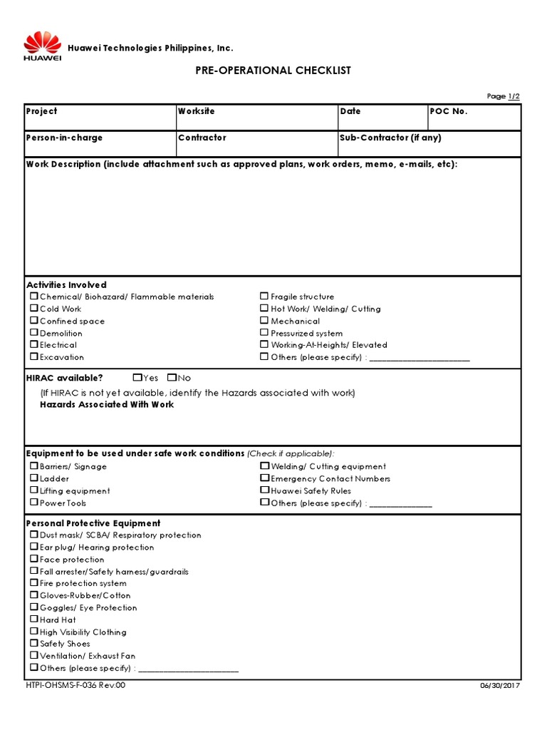 Pre Operational Checklist | PDF | Occupational Safety And Health | Safety