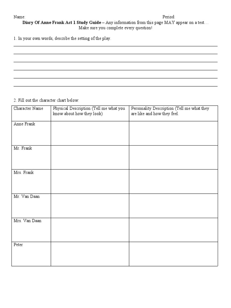 Diary of Anne Frank Act 1 Study Guide | PDF