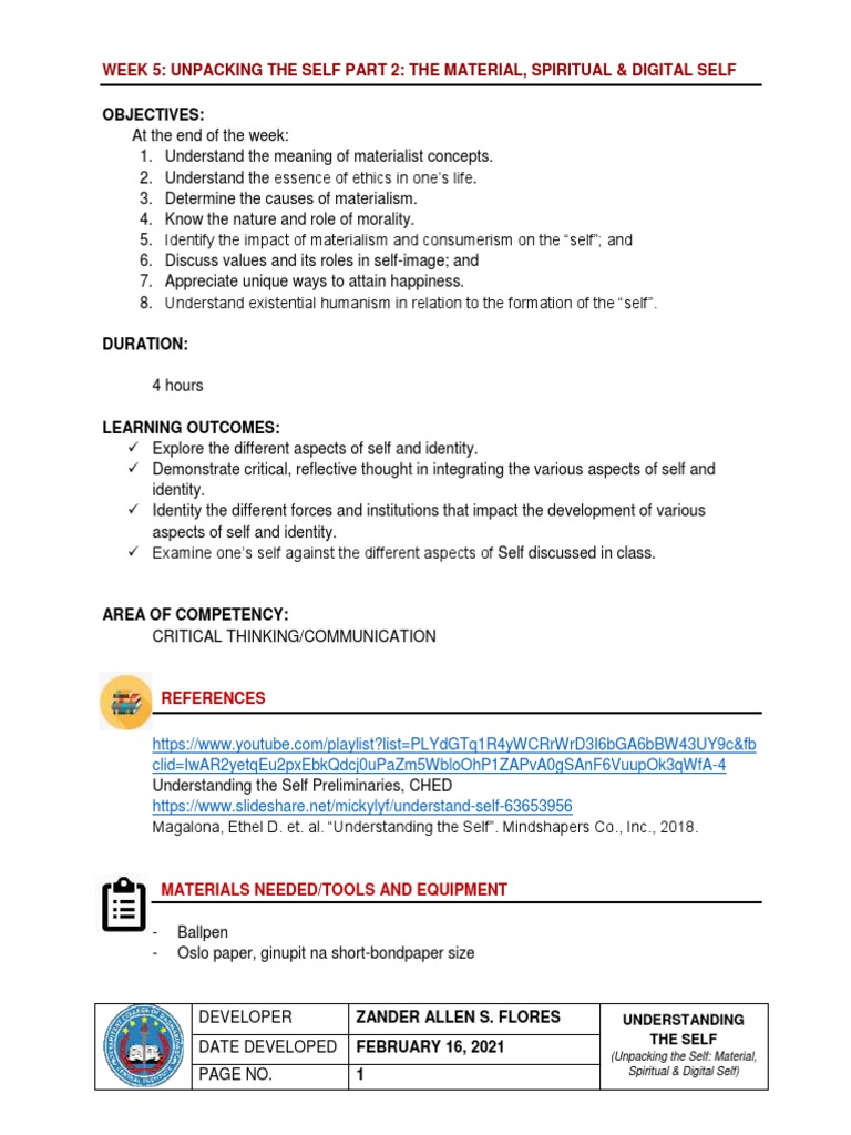 Week 5 Module Zasf Uts - Unpacking The Self-Material and Spiritual | PDF | Self Esteem | Happiness