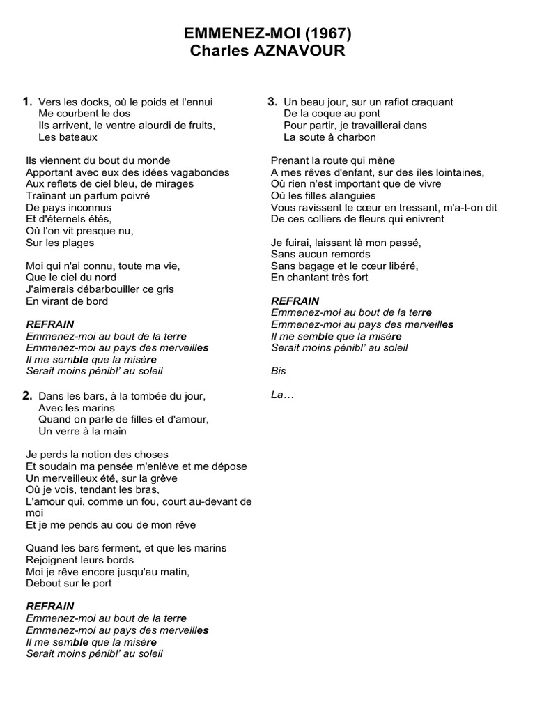 Paroles de "Emmenez-moi" d'Aznavour | PDF
