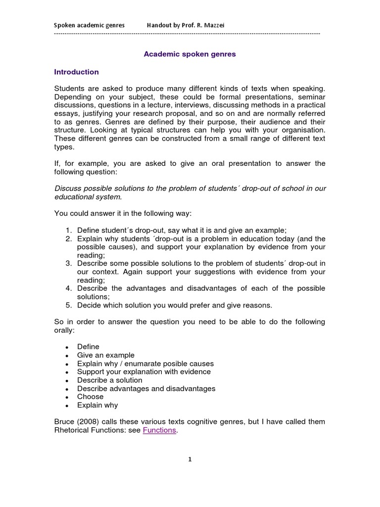 Handout On Spoken Academic Genres | PDF | Genre | Lecture