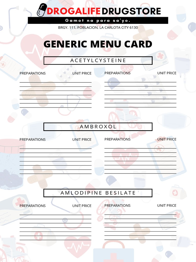 Generic Menu Card | PDF | Pharmacology | Pharmaceutical Sciences