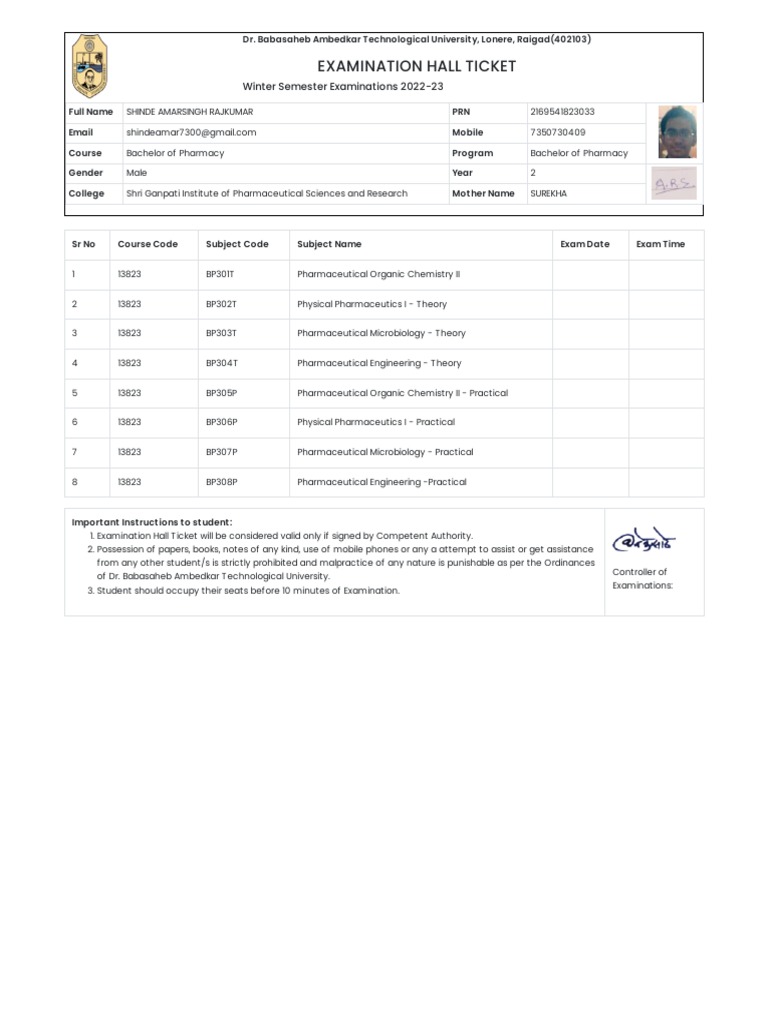 Dr. Babasaheb Ambedkar Technological University Exam Hall Ticket | PDF
