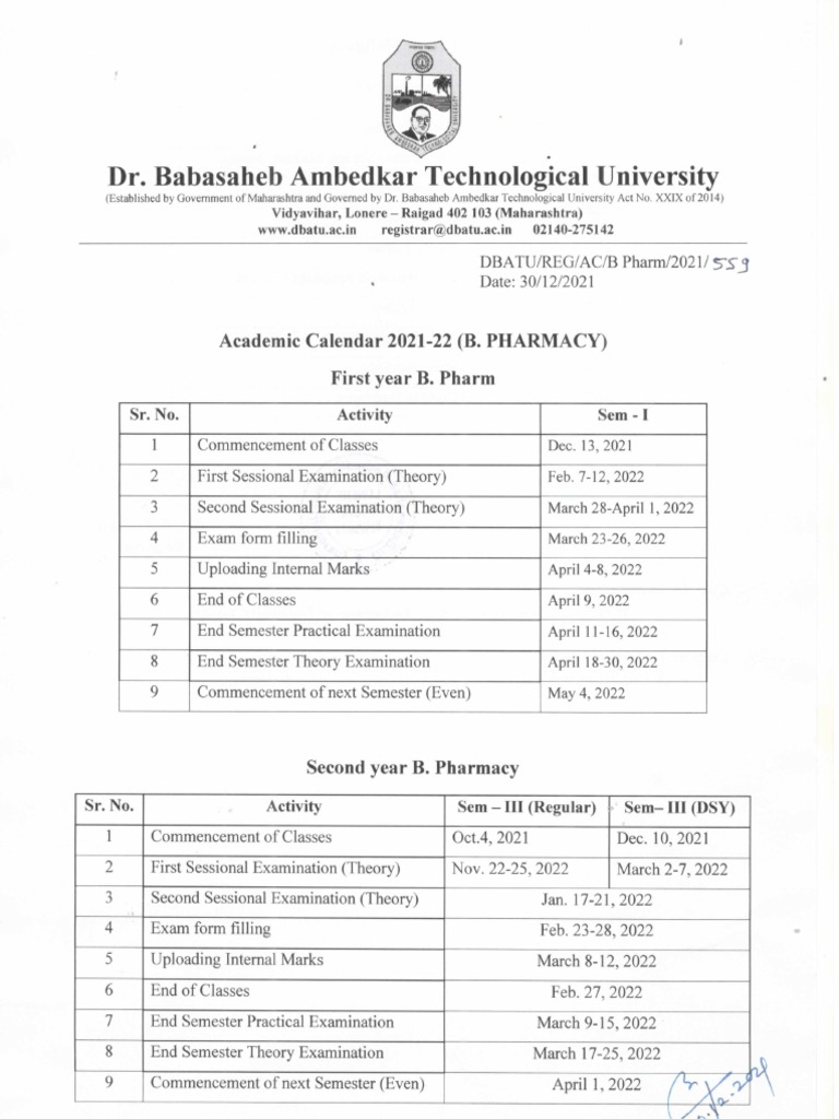 Academic Calander B Pharmacy AY 2021 22 | PDF