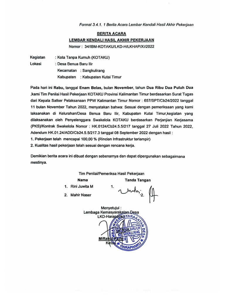 Berita Acara Lembar Kendali Hasil Akhir Pekerjaan | PDF