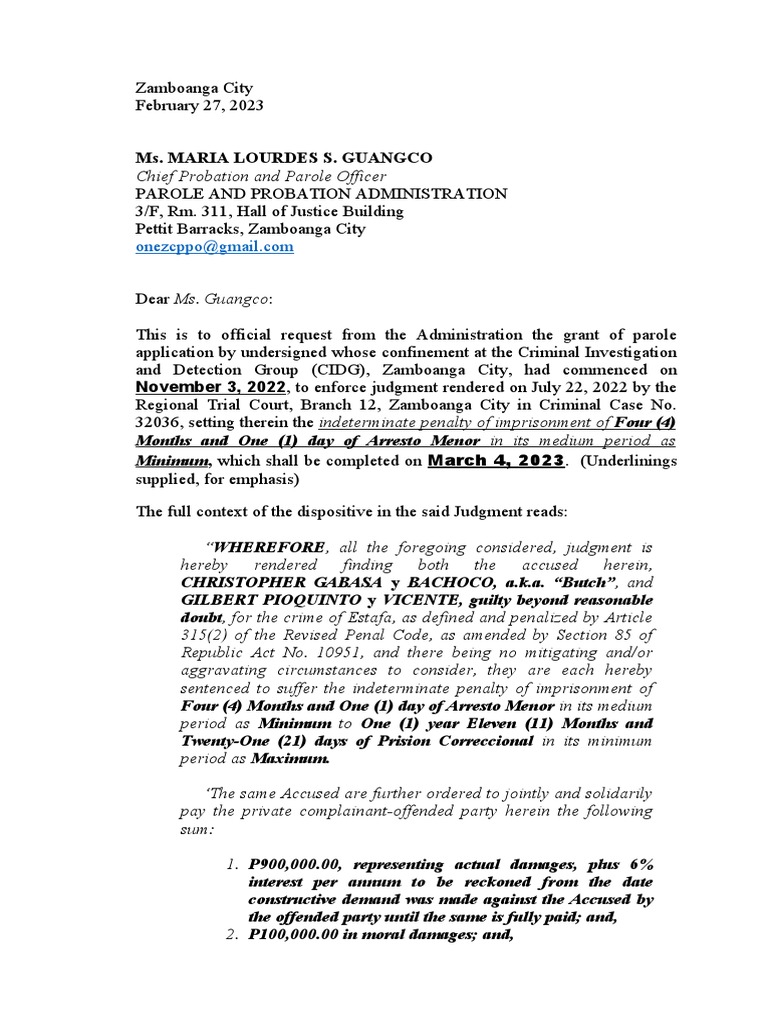 Parole Application Draft | PDF | Justice | Crime & Violence