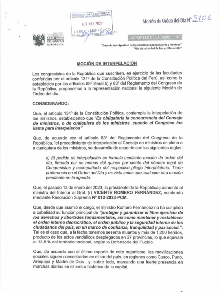 Moción de Interpelación Contra El Ministro Del Interior | PDF