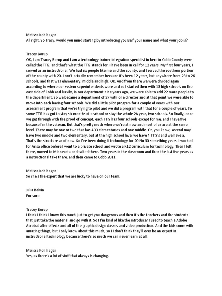 Belvin Interview With Tracey Borup Transcript | PDF | Educational ...