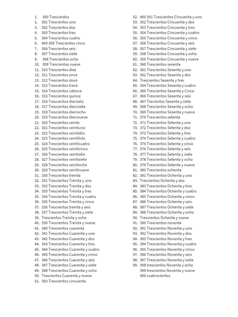 Numeros Del 300 Al 400 Escritos | PDF