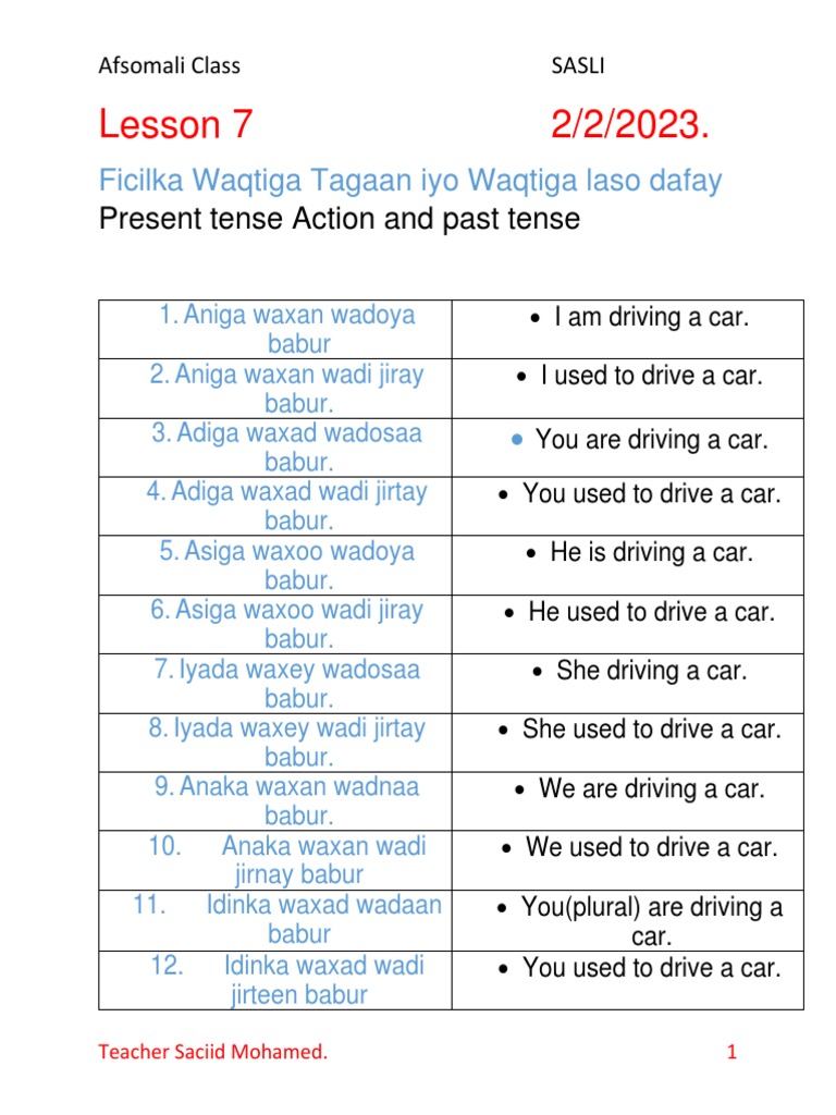 Lesson on Using Present and Past Tense to Describe Driving a Car in ...