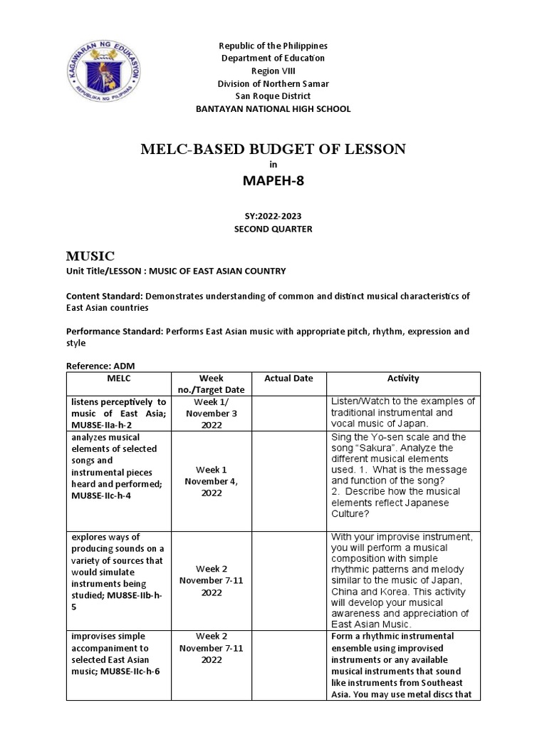 q2 MELC Based-Budget of Lesson in MAPEH 8 | PDF | Paintings | Pregnancy