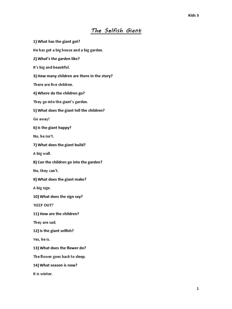 The Selfish Giant: Questions & Answers | PDF
